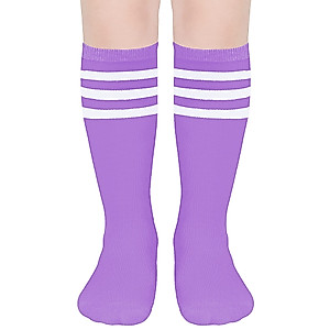 DOOVID Kids Soccer Socks Three Stripes Knee High Tube Socks Cotton Sports Socks Uniform Stocking for Toddler Boys Girls Purple White