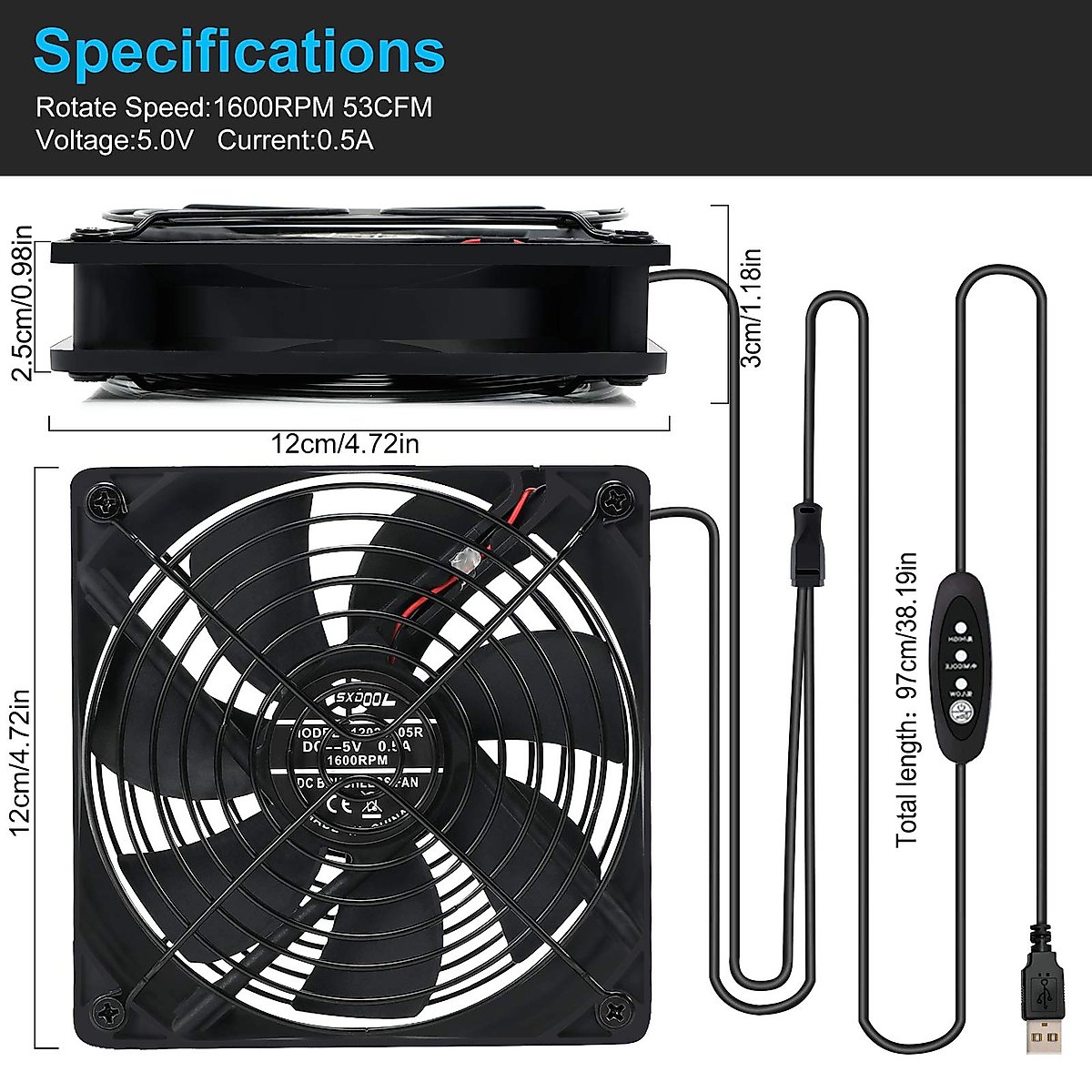 SXDOOL Dual 120mm DC 5V USB Computer Cooling Fan with Speed Controller, Ventilator Fan Compatible for Router Receiver DVR PlayStation Xbox Desk Computer Cabinet Silent Quiet Cooler