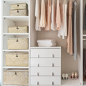 Kigley 6 Pcs Seagrass Basket with Lid Wicker Storage Decorative Boxes with Lids Bin Woven Organizer for Shelf Closet Bedroom, 6 Sizes(Classic Style,White)