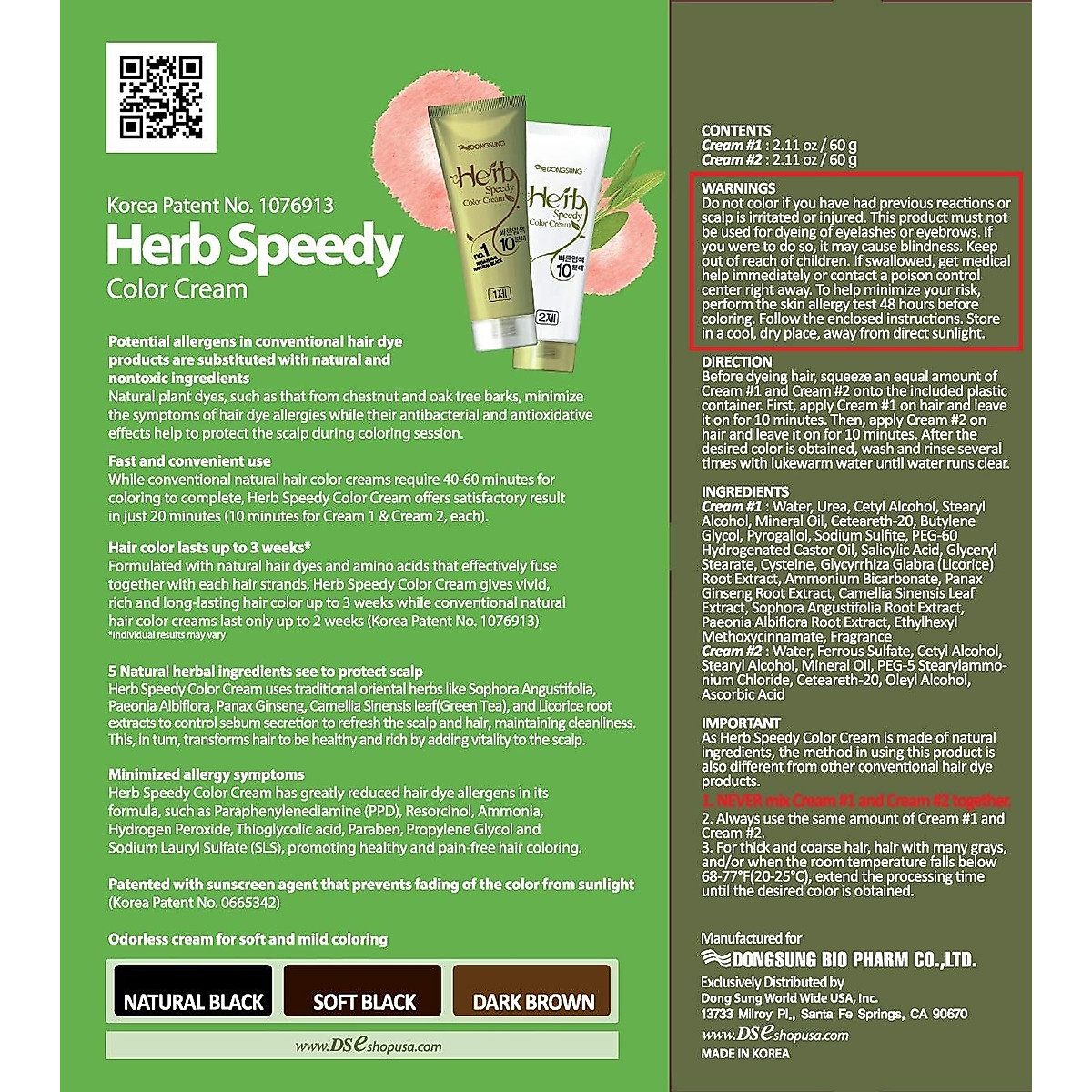 DONGSUNG Herb Speedy Color Cream (Natural Black, 1 Pack), PPD-Free Ammonia-Free Vegan Hair Dye with Sun Protection, Odorless, Gentle for Sensitive Scalp, No Eye or Scalp Irritation