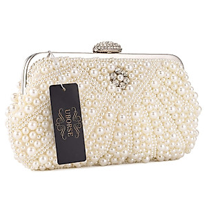UBORSE Women Pearl Clutch Bag Noble Crystal Beaded Evening Bag Wedding Clutch with Pearl Chain (Cream-coloured)