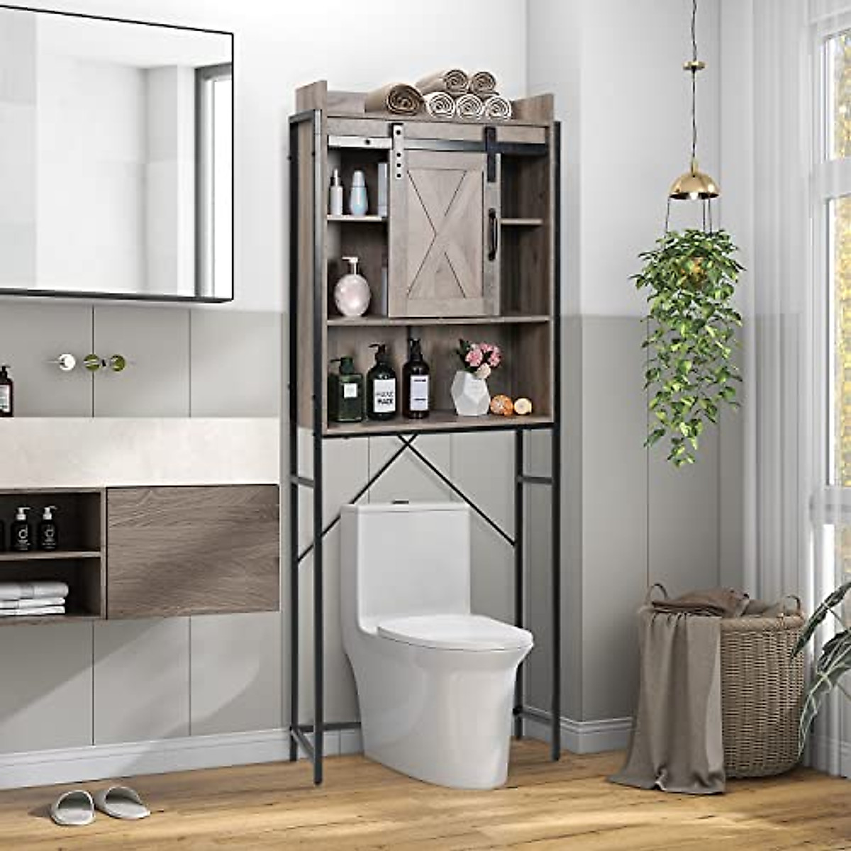 Puluomis Over The Toilet Storage Cabinet - 4-Tier Bathroom Organizer Over The Toilet with 3 Positions Adjustable Shelf Shelves - Over The Toilet Bathroom Rack with Sliding Door
