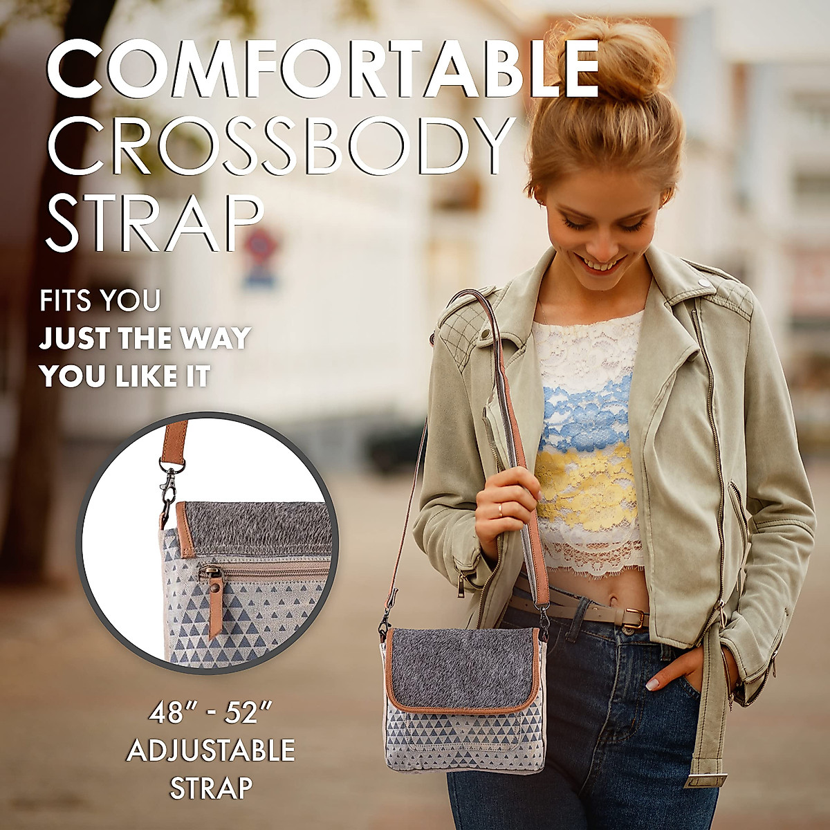 SIXTEASE Crossbody Bag for Women Vintage Style Genuine Leather, Upcycled Canvas, Rug, or Hair On - Cross Body Womens Bags with Inside Zipper Pockets - Triangular Fusion