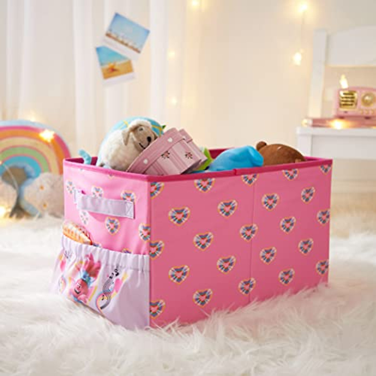 Idea Nuova Dreamworlds Trolls Kids Collapsible Storage Organizer Bin with Front Pocket,9" H x 10" W x 15" L