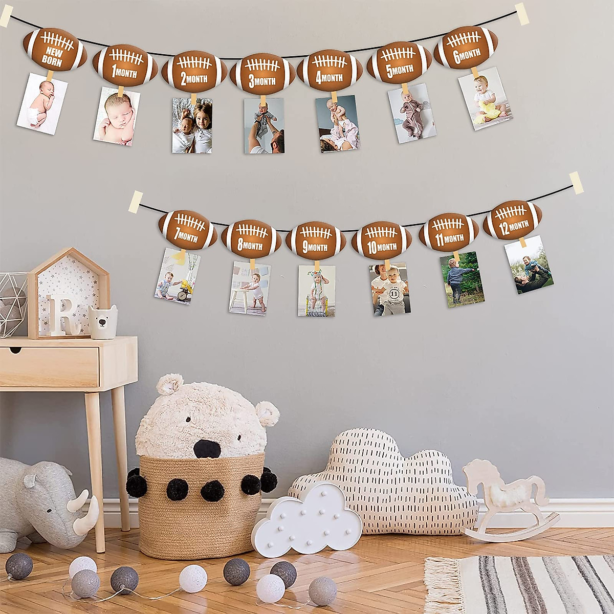Football 1st Birthday Monthly Photo Banner Football Theme First Year Photo Banner for Newborn to 12 Months, First Year Down Banner With Football Balloon, Football First Birthday Party Decoration