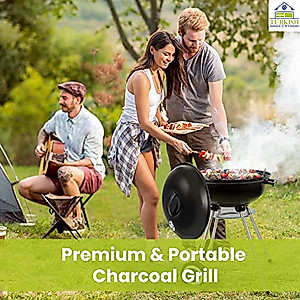 Turkish Home Portable Charcoal Grill 18 Inch Round With 2 Wheels - Easy to Clean Outdoor Barbecue Grill For Camping Tailgating and Garden- Durable Kettle Grill