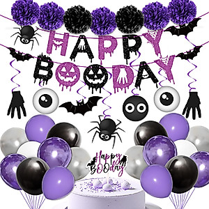 Halloween Birthday Party Decorations Balloon Banner Paper Pompom Cake Topper Hanging Swirl for Halloween Happy Boo Day Party Supplies