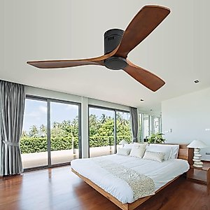 CACI Mall 52 Inch Ceiling Fan with Remote Control, Low Profile Flush Mount Ceiling Fan without Light, 3 Walnut Wood Ceiling Fan No Light, Noiseless Reversible ETL DC Motor with Timer