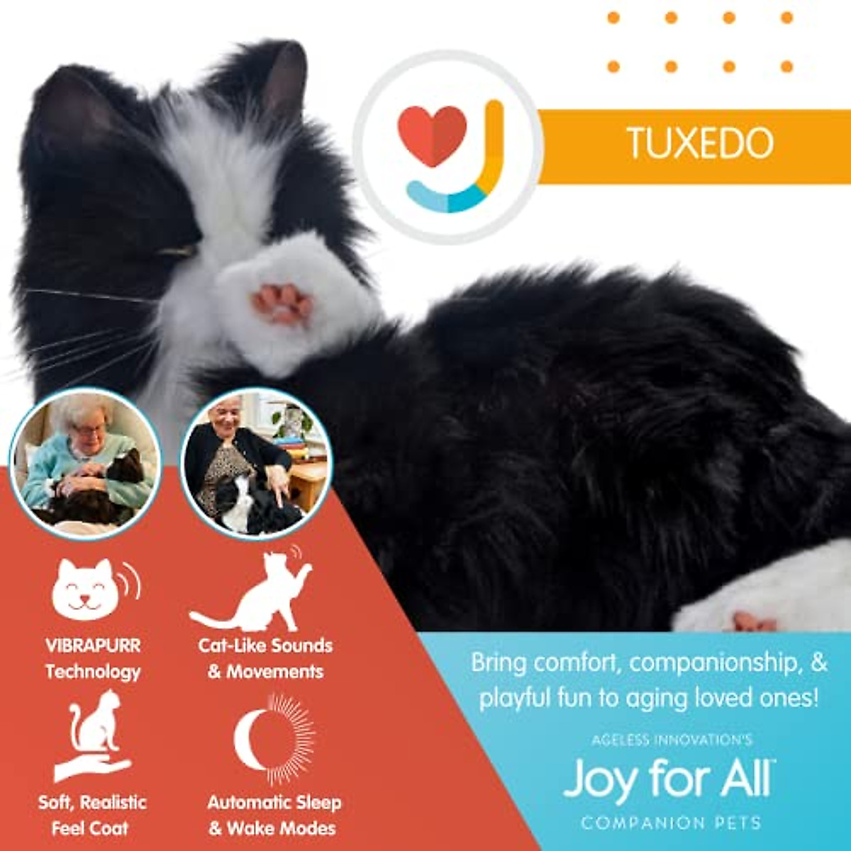 JOY FOR ALL Companion Pet for Seniors - Lifelike Animatronic Cat - Realistic Soft-Touch Fur & Purring - Therapy Stuffed Animal - Toy for Alzheimer's & Dementia - Tuxedo