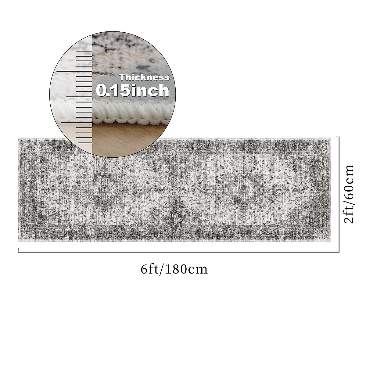 Hallway Runner Rug Washable Carpet: 2x6 Non Slip Vintage Rug with Rubber Backing Long Floor Mat for Kitchen Laundry Entryway Bathroom (Grey, 2'x6')