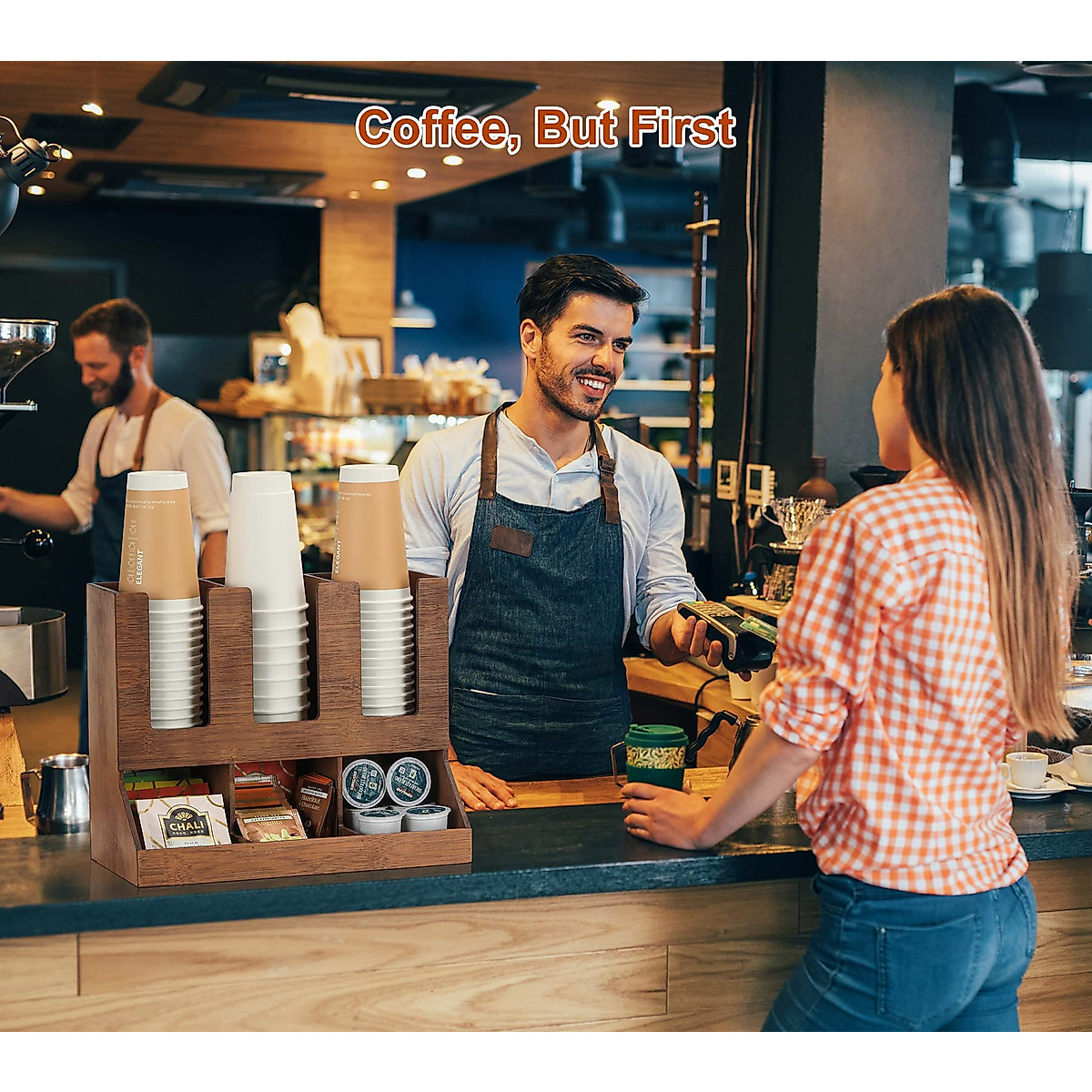 TQVAI Bamboo Coffee Station Organizer, 6 Compartments Condiment Rack Breakroom Accessories Caddy for K Pods, Snack, Tea Bags, Disposable Cups, Retro Brown