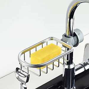 DBlosp Sponge Holder Faucet Kitchen Sink Organizer,Sink Sponge Holder,Aluminium Detachable Storage Rack for Kitchen Sinks and Bathroom Organization Silver
