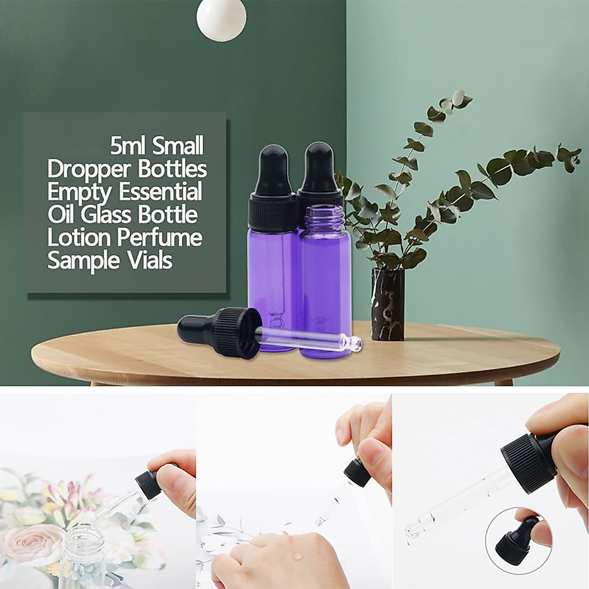 Kesell 5ml Small Dropper Bottles Empty Essential Oil Glass Bottle Lotion Perfume Sample Vials with Glass Eye Dropper, Pack of 20