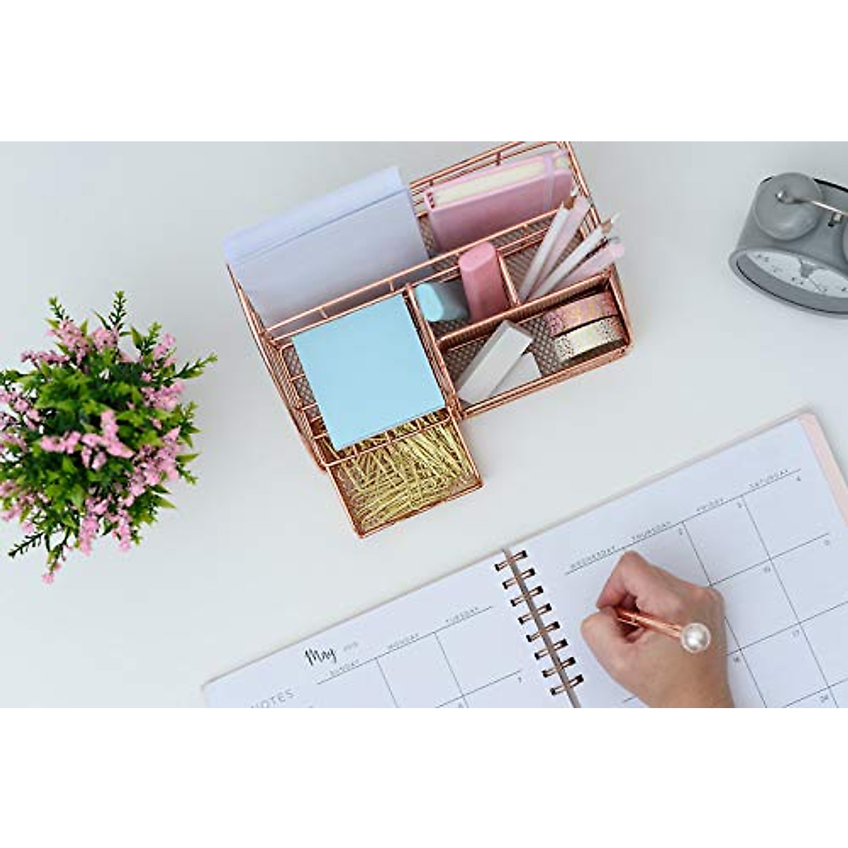 rosework Rose Gold Desk Organizer for Women, Mesh Office Supplies Desk Accessories, Features 5 Compartments + 1 Mini Sliding Drawer