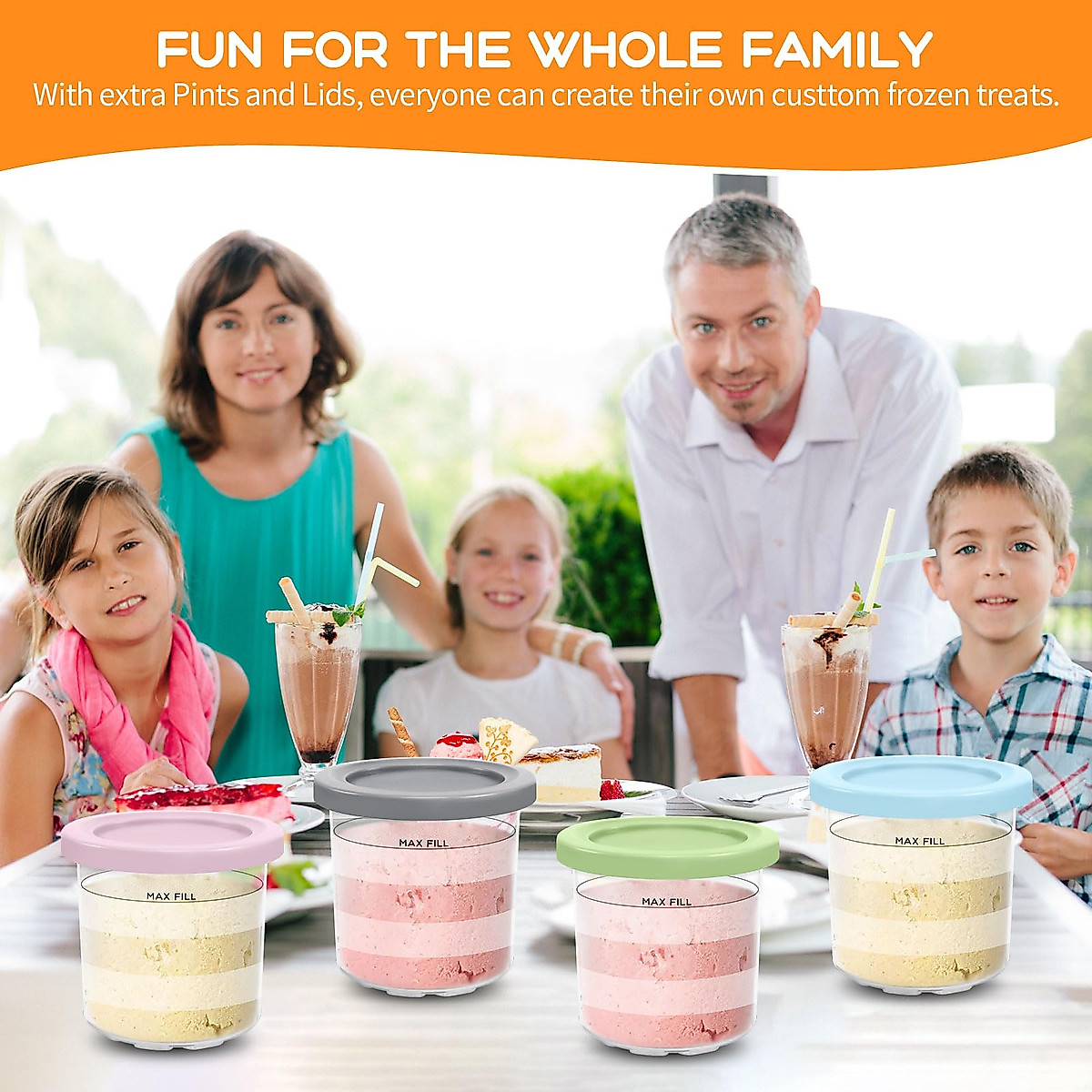 Replacement Containers - 4 Pack 16oz, Pints and Lids, Ice Cream Maker Machine Accessories, Compatible with Ice Cream Making Machines- 16oz, Dishwasher Safe