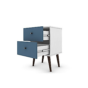 Manhattan Comfort Liberty Collection Mid Century Modern Nightstand With Two Drawers, Splayed Legs, White/Blue
