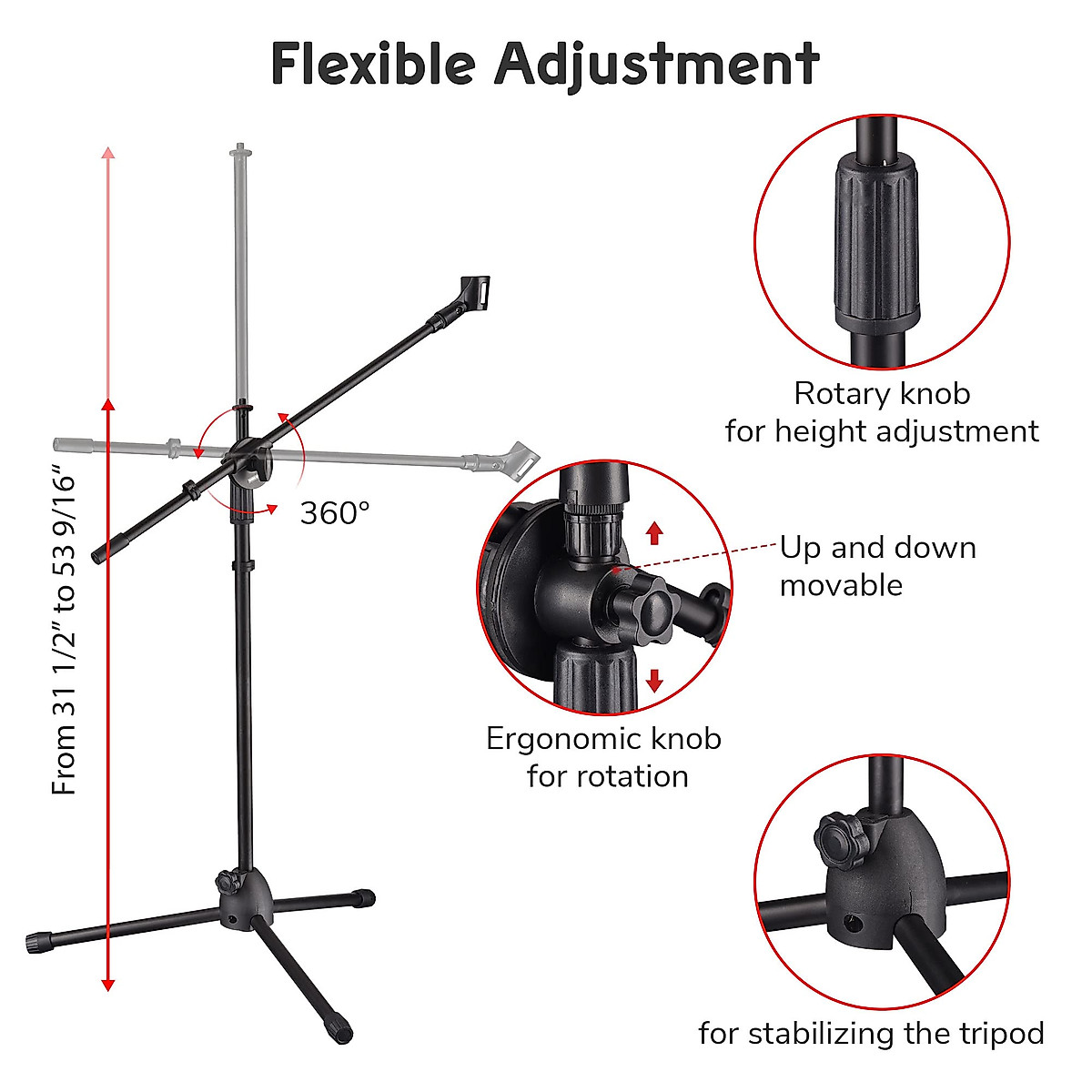 AW 4-Pack Adjustable Microphone Stand Boom Arm Mic Mount Quarter-turn Clutch Tripod Holder Audio Vocal Singing Speech Stage Outdoor Activities Stage