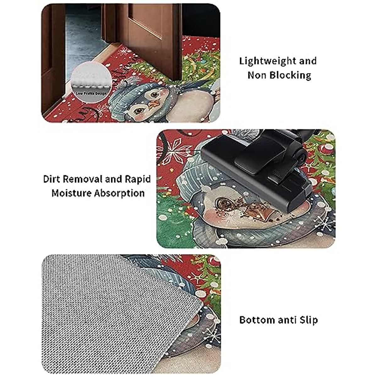 Kitchen Rug,Penguins Merry Christmas Tree Non Slip Doormat Absorbent Carpet,Winter Snowflakes Red Back Front Door Mat Washable Floor Mat for Bathroom Bedroom Entryway 20x32in