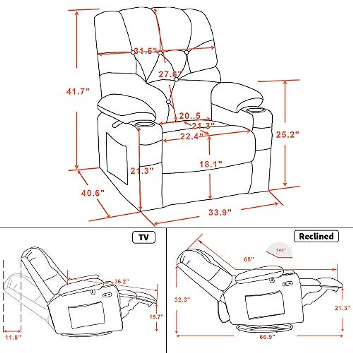 MCombo Electric Power Swivel Glider Rocker Recliner Chair with Cup Holders for Nursery, Hand Remote Control, USB Ports, 2 Side & Front Pockets, Plush Fabric 7797 (Brown)