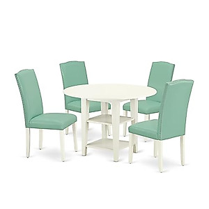 East West Furniture SUEN5-LWH-57 5 Piece Dining Room Table Set Includes a Round Dining Table with Dropleaf & Shelves and 4 Pond Faux Leather Upholstered Chairs, 42x42 Inch, Linen White
