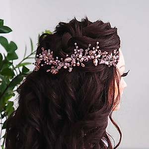 Kercisbeauty Wedding Pink Crystal Pearl Rose Gold Boho Headband for Bride Bridal Headpiece Bridesmaid Flower Girl Hair Accessory Prom Hairdress Rustic Wedding Women Vine