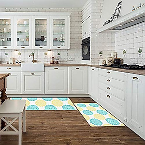 CyCoShower Kitchen Mat Kitchen Floor Mat, Cushioned Anti-Fatigue Kitchen Rug,Mandala Pattern Aqua Yellow Texture 2 PCS Kitchen Rugs Non-Slip Standing Rug Set Comfort Floor Mats