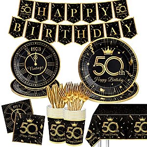 Vintage 50th Birthday Party Decorations-142Pcs Black Gold 50th Happy Birthday Tableware Back in 1973 Disposable Plates and Napkins Set Vintage Style 50th Birthday Party Supplies for 20 Guests