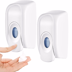 Hushee 2 Pcs Manual Foam Soap Dispensers, 1000ml (35oz), Commercial Refillable Foaming Soap Dispenser Adhesive Hand Sanitizer Soap Dispenser Wall Mounted for Bathroom Support(White)