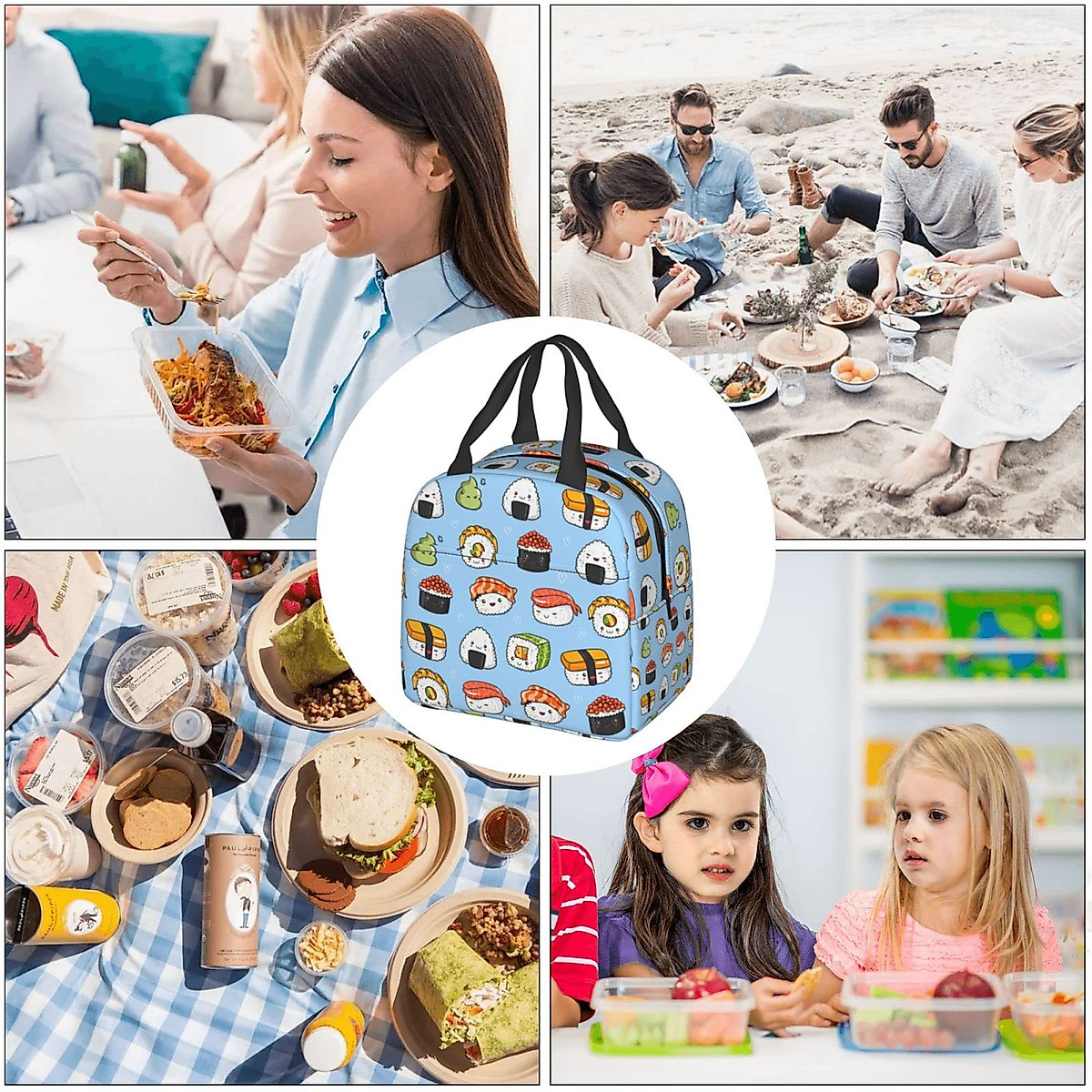 Echoserein Kawaii Japanese Sushi Blue Lunch Bag Insulated Lunch Box Reusable Lunchbox Waterproof Portable Lunch Tote For Women Men Girls Boys