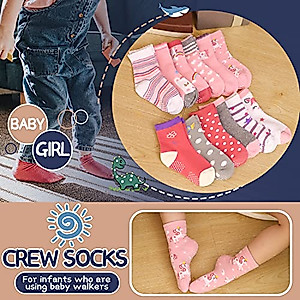 Baby Girls Toddlers Grips Socks Kids Non Slip/Anti Skid Unicorn Striped Crew Cotton Socks 12 Pairs Gift Stocking Stuffers (Girl's-Unicorn Pink(12 Pairs),3-5 Y)