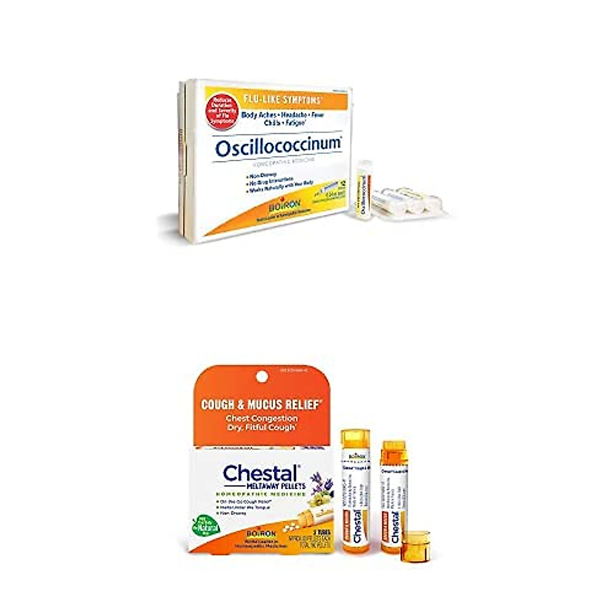 Boiron Homeopathic Cold Cough Flu Bundle of Oscillococcinum 12 Dose and Chestal Pellets