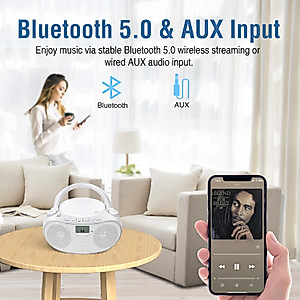 Nextron Portable Stereo CD Player Boombox with AM/FM Radio, Bluetooth, USB, AUX-in, Headphone Jack, CD-R/RW and MP3 CDs Compatible, Clear and Full Sound with Bass Boost, AC/Battery Operated – White
