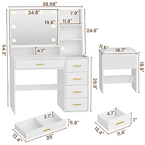 VIAGDO Makeup Vanity Set with Mirror and Lights, Vanity Desk with Charging Station & Cushioned Stool, White Bedroom Vanity Table with Drawers, Jewelry Box, Open Storage Shelves