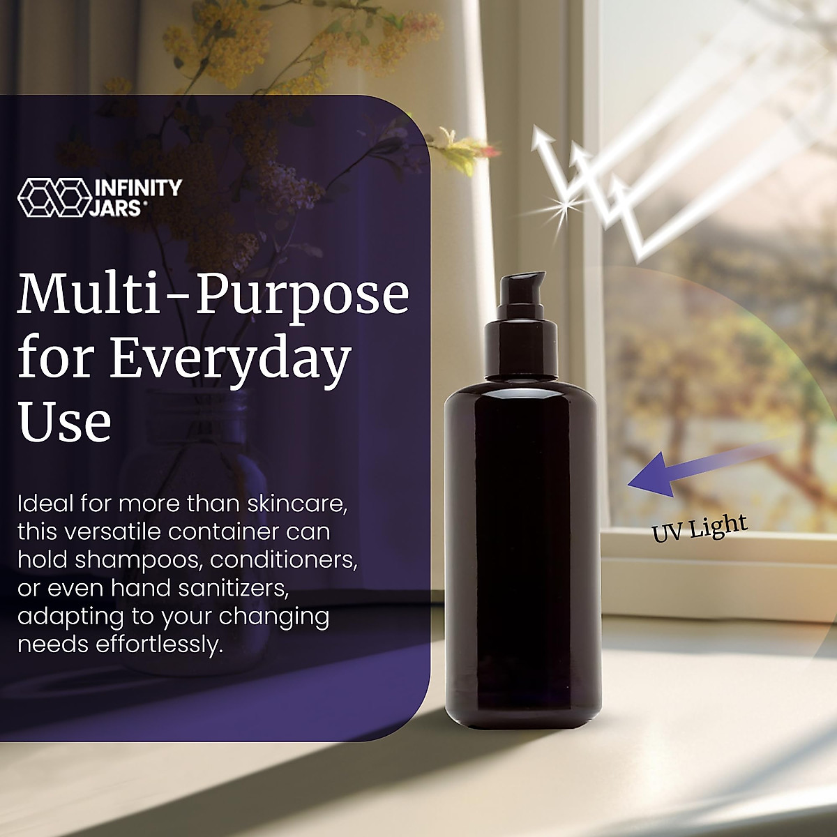 Infinity Jars Ultraviolet Glass Push Pump Bottle 200 Ml (6.8 fl oz) Refillable Containers for Lotion Homemade Cosmetics Make-up Skin Care Cream, Lotion, Shampoo, Conditioner Dispenser Bottles