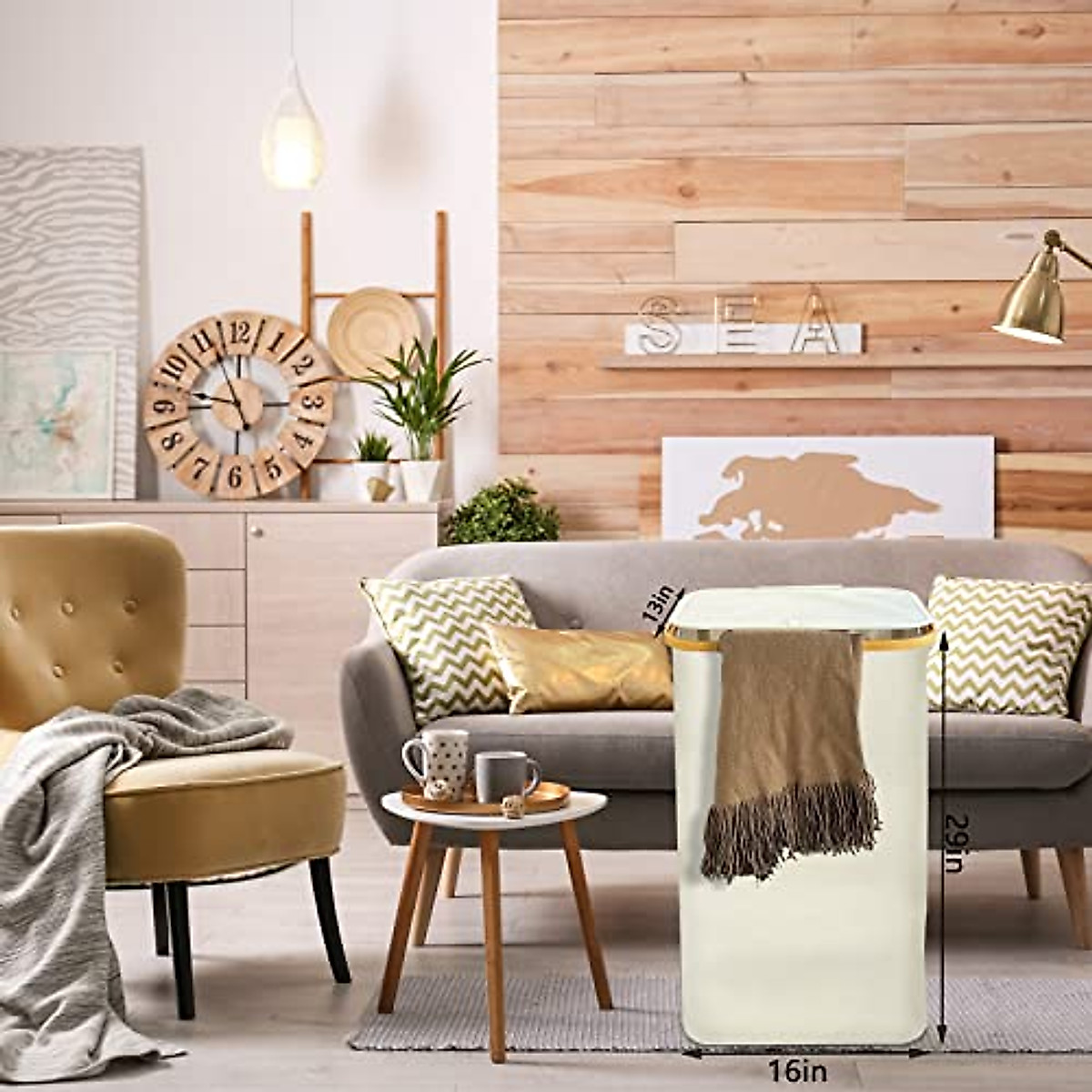 Large Laundry Basket with Lid, Beige 100 L Laundry Hamper with Bamboo Handles, Portable Clothes Hamper for Bathroom, Bedroom, Toy Room, Freestanding Collapsible Laundry Baskets