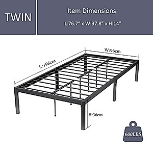 Noillats Metal Platform Twin Bed Frame, 14" Reinforced Platform Bed Frame, No Box Spring Needed, Metal Bed Frame with Storage