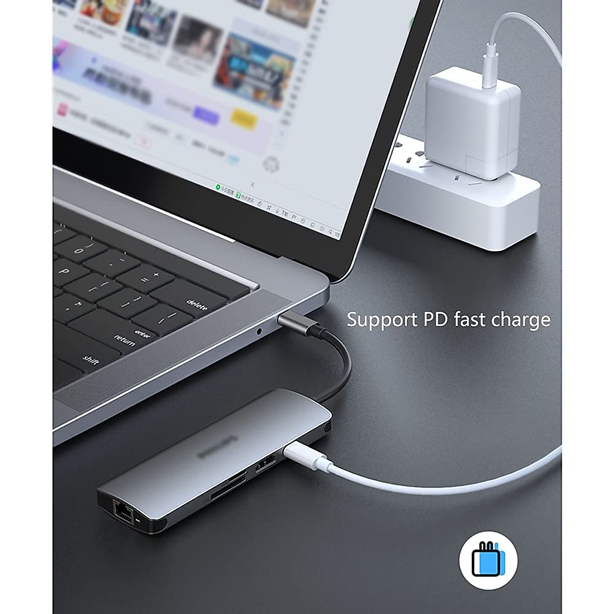 Port Expander USB C Hub 8-in-1 USB C Docking Station with Ethernet, HDMI, 3 USB3.0, SD/TF Card Reader, USB-C PD Compatible USB C Device USB Splitter