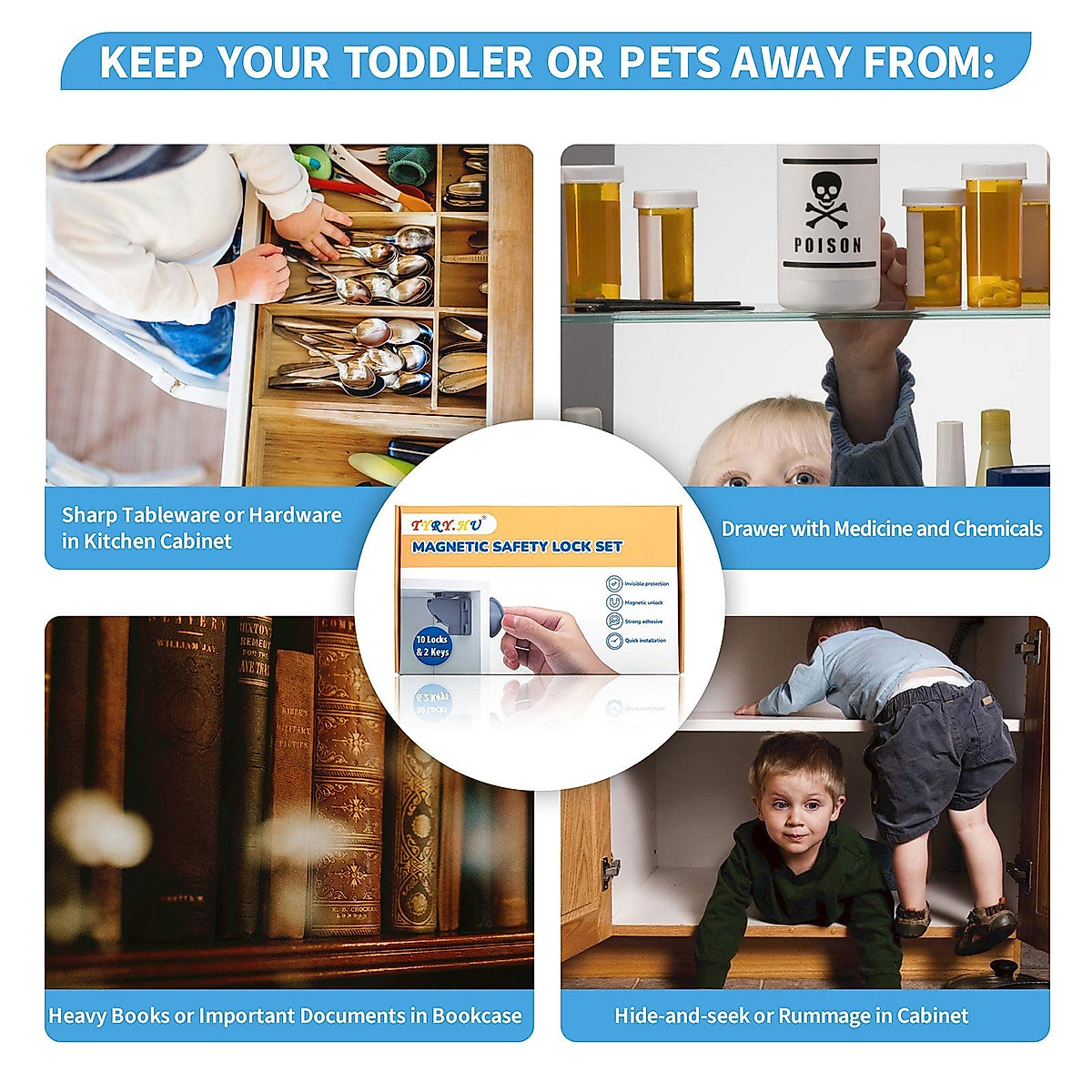 Magnetic Cabinet Locks (10 Locks 2 Keys), Cabinet Locks for Babies, Baby Proofing & Child Safety by TYRY.HU, Baby Proofing Cabinets, Fit Most Cabinets and Drawers No Screws or Tools Needed(10Locks)