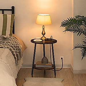 HOOBRO End Table with Charging Station, 2-Tier Round Side Table with Wooden Shelves, Modern Farmhouse Small Accent Table for Living Room Bedroom, Small Spaces, Rustic Brown and Black BF671BZ01