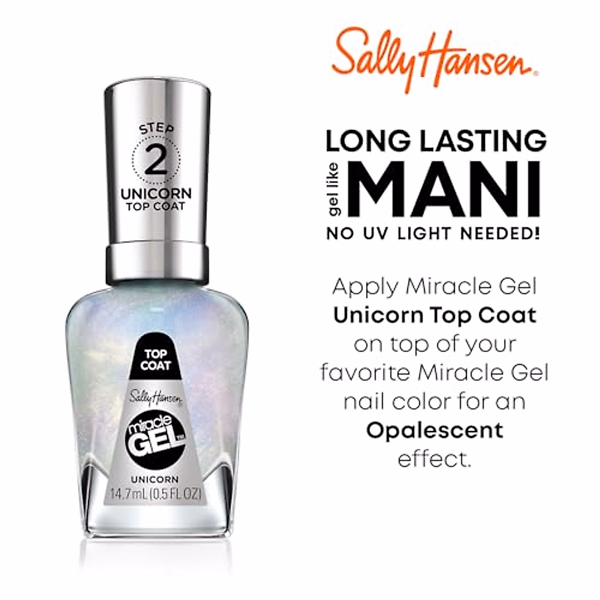 Sally Hansen Miracle Gel™, Unicorn Top Coat, Long Lasting, Gel-Like Formula, No UV Lamp Needed, Glitter Nail Polish