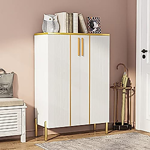LITTLE TREE Shoe Cabinet with Doors, 6-Tier Shoe Storage Cabinet for Entryway, White and Gold