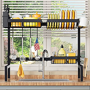 YKLSLH 2 Tiers of Retractable Large Over The Sink Dish Drying Rack with 3 Baskets, for All Sinks (22.8"-39.4"),Adjustable Large Capacity Sink Rack, Iron Drain Rack to Save Space（2 Tiers-3 Baskets）