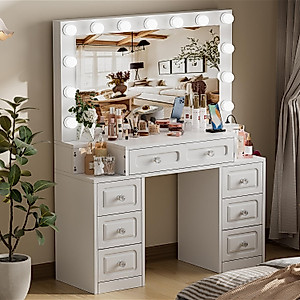 FURNJOYLIFE Farmhouse Makeup Vanity Desk with Lighted Mirror & Power Outlet, Vanity Dresser Table with 3 Lighting Modes Brightness Adjustable,7 Drawer,2 Shelves,Hair Dryer Stand for Bedroom,White