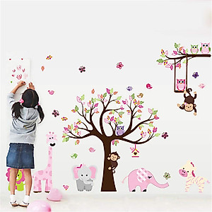 ufengke Animal Tree Wall Stickers Pink Elephant Giraffe Wall Decals Art Decor for Kids Bedroom Nursery DIY
