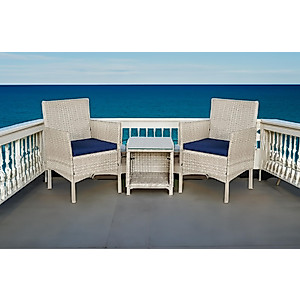BTEXPERT Outdoor Wicker Conversation 3 Piece Bistro Set Garden Patio Yard Porch Furniture Space Saving Pe Rattan 2 Chairs Cushions Side Storage Glass Table Stone Gray/Navy Blue 3pc