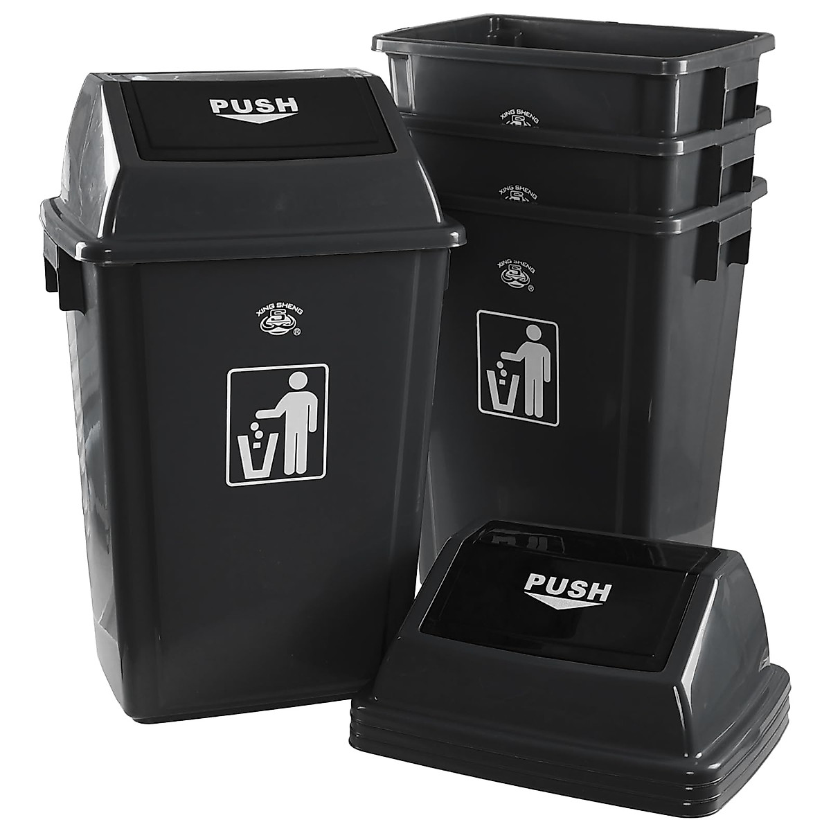 Knifefish 4 Pack Large Trash Can with Swing Lid, 15 Gallon Plastic Garbage Bins for Commercial Use, Grey