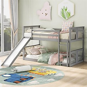 TURRIDU Bunk Bed Twin Over Twin with Slide, Low Solid Wood Twin Bunk Bed Frame with Safety Guardrails and Ladder for Boys Girls Adults, No Box Spring Needed, Gray