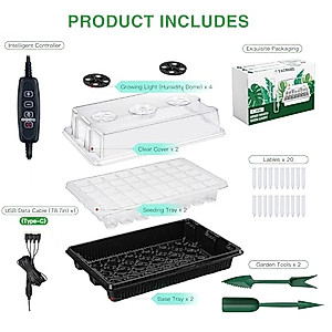 YAUNGEL Seed Starter Tray with Grow Light, Seed Starter Kit with Timing Controller Adjustable Brightness, 80 Cells Seed Trays for Indoor Planting with Humidity Domes Heightened Lids 2 Pack, Black