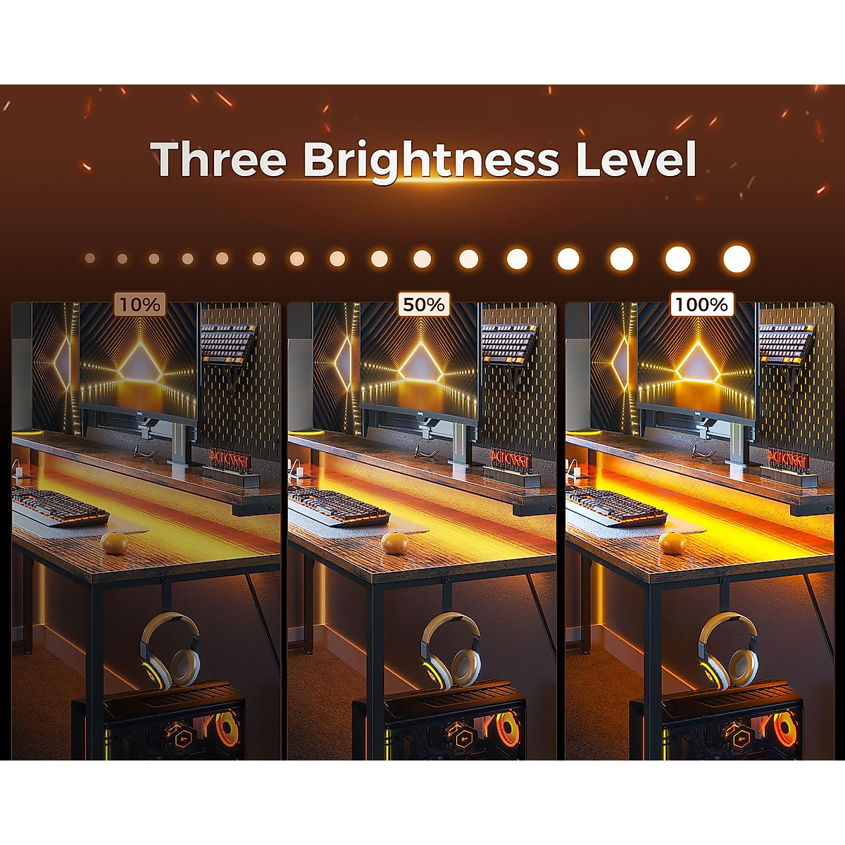 AODK Computer Desk, 48 Inch Gaming Desk with LED Lights and Power Outlet, Office Desk with Adjustable Monitor Shelf (3 Heights), Computer Table Work Desk for Home/Bedroom, Rustic Brown