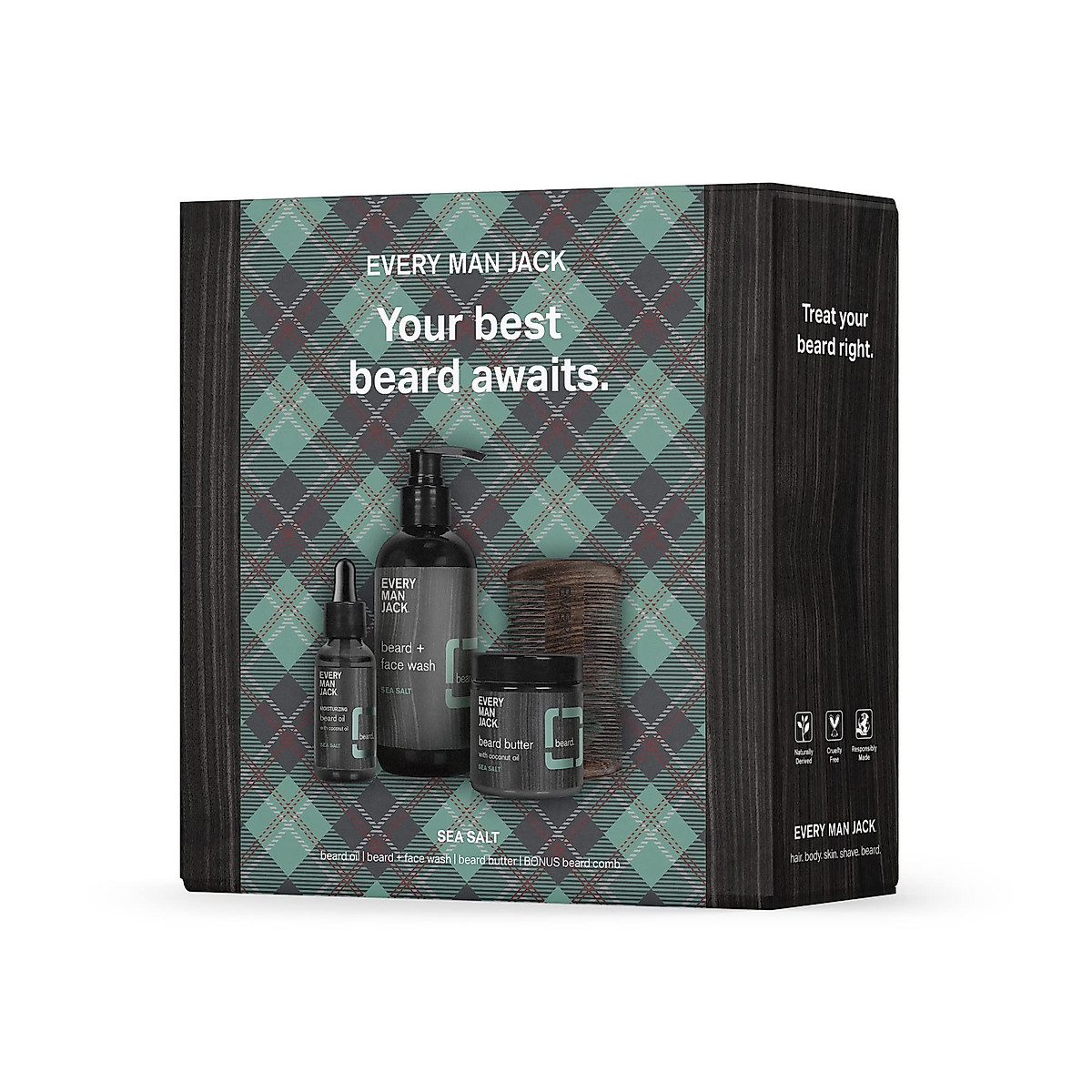 Every Man Jack Mens Sea Salt Beard Kit - Perfect for Every Guy - Includes Four Full-Sized Grooming Essentials - Beard + Face Wash, Beard Oil, Beard Butter + Beard Comb